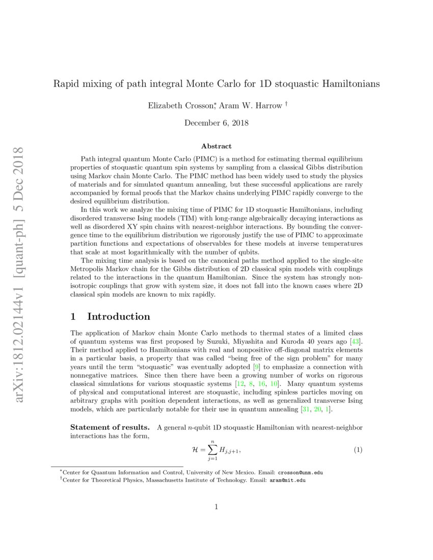 Rapid mixing of path integral Monte Carlo for 1D stoquastic ...