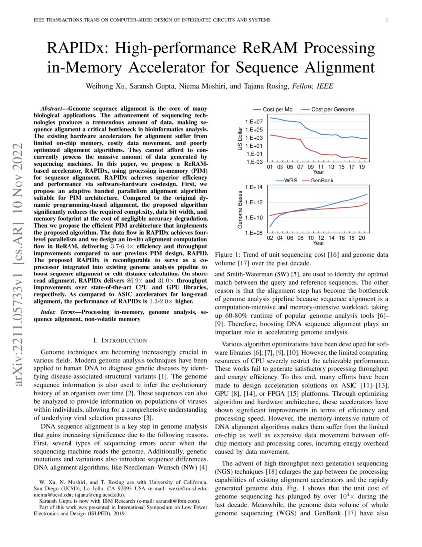 RAPIDx: High-performance ReRAM Processing in-Memory Accelerator for Sequence Alignment | DeepAI