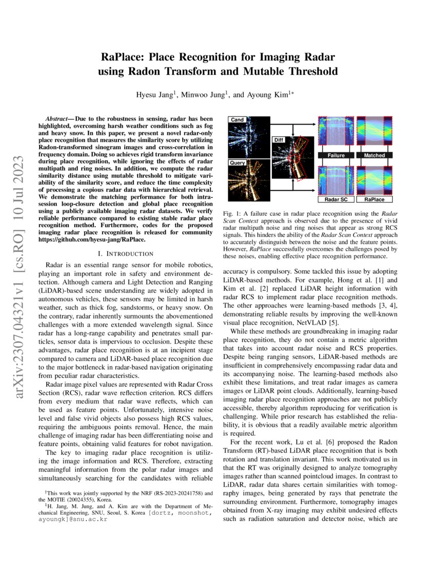 RaPlace: Place Recognition for Imaging Radar using Radon Transform and Mutable Threshold | DeepAI