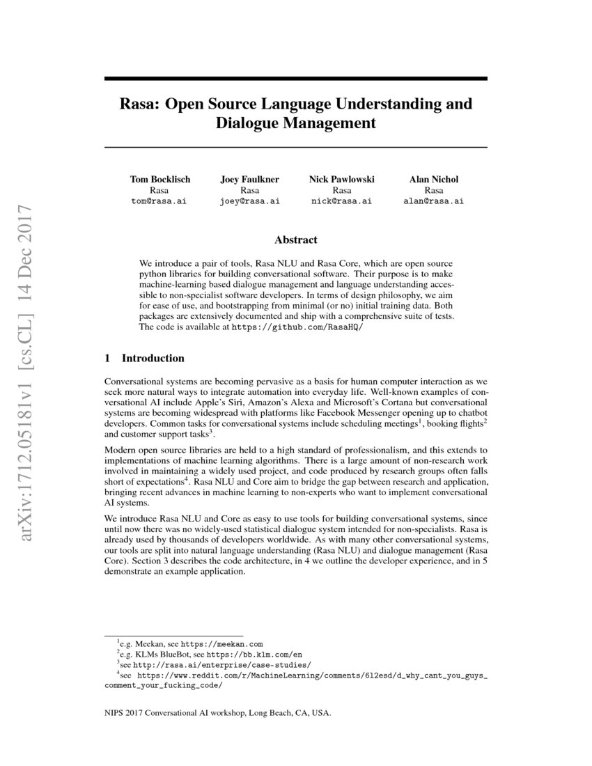 Rasa: Open Source Language Understanding and Dialogue Management | DeepAI