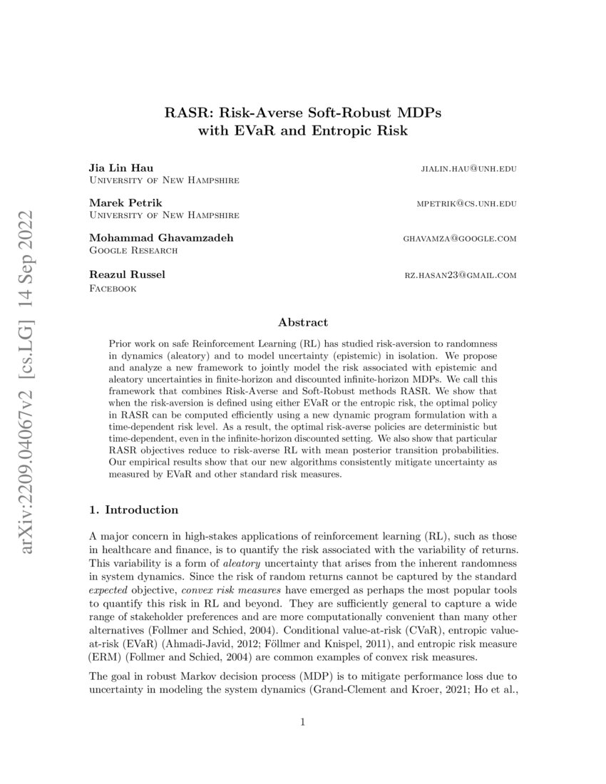 RASR: Risk-Averse Soft-Robust MDPs with EVaR and Entropic Risk | DeepAI
