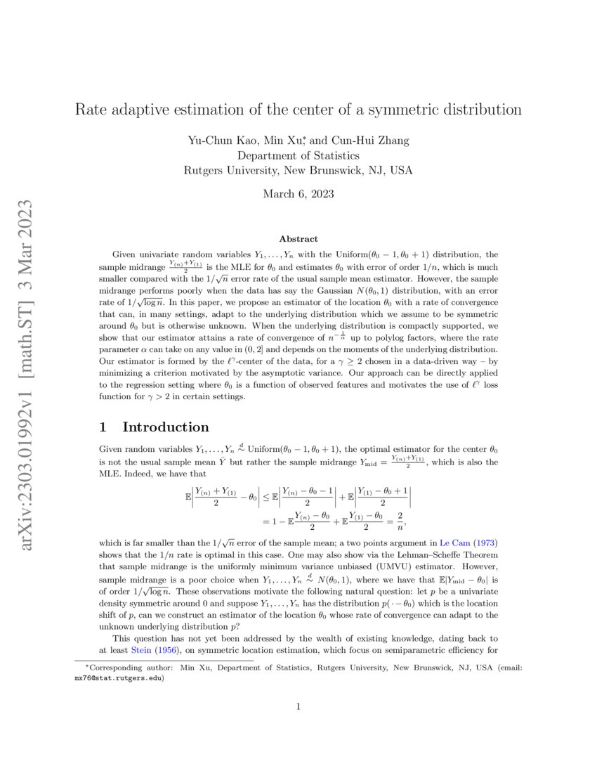 Rate Adaptive Estimation Of The Center Of A Symmetric Distribution Deepai