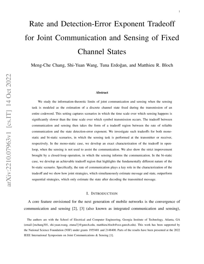 Rate and Detection-Error Exponent Tradeoff for Joint Communication and Sensing of Fixed Channel ...