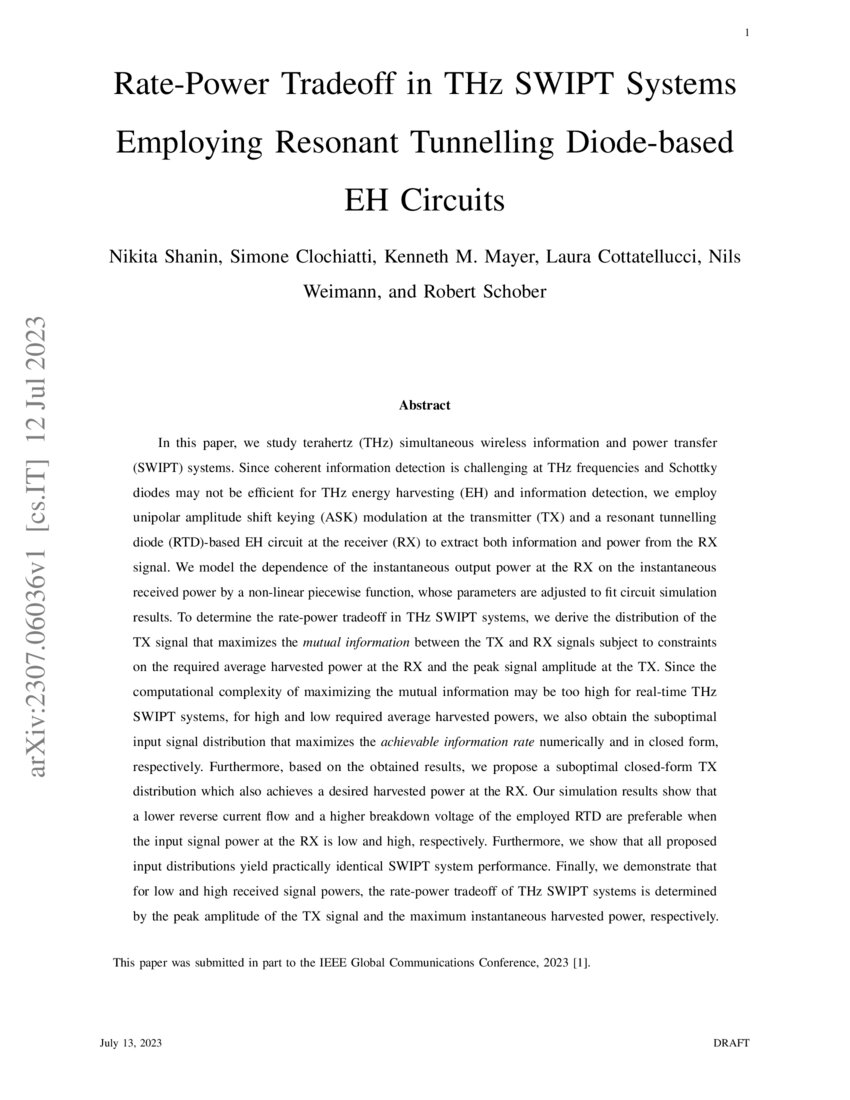 Rate Power Tradeoff In Thz Swipt Systems Employing Resonant Tunnelling Diode Based Eh Circuits
