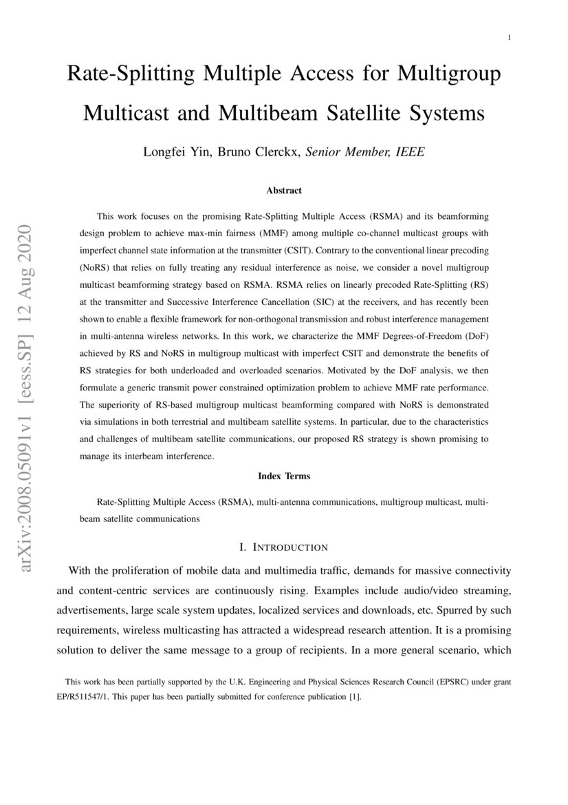 Rate Splitting Multiple Access For Multigroup Multicast And Multibeam Satellite Systems Deepai