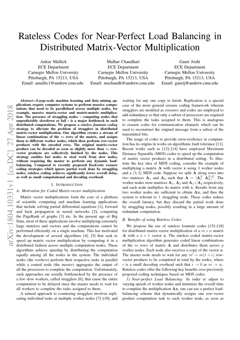 Rateless Codes for Near-Perfect Load Balancing in Distributed Matrix-Vector Multiplication | DeepAI