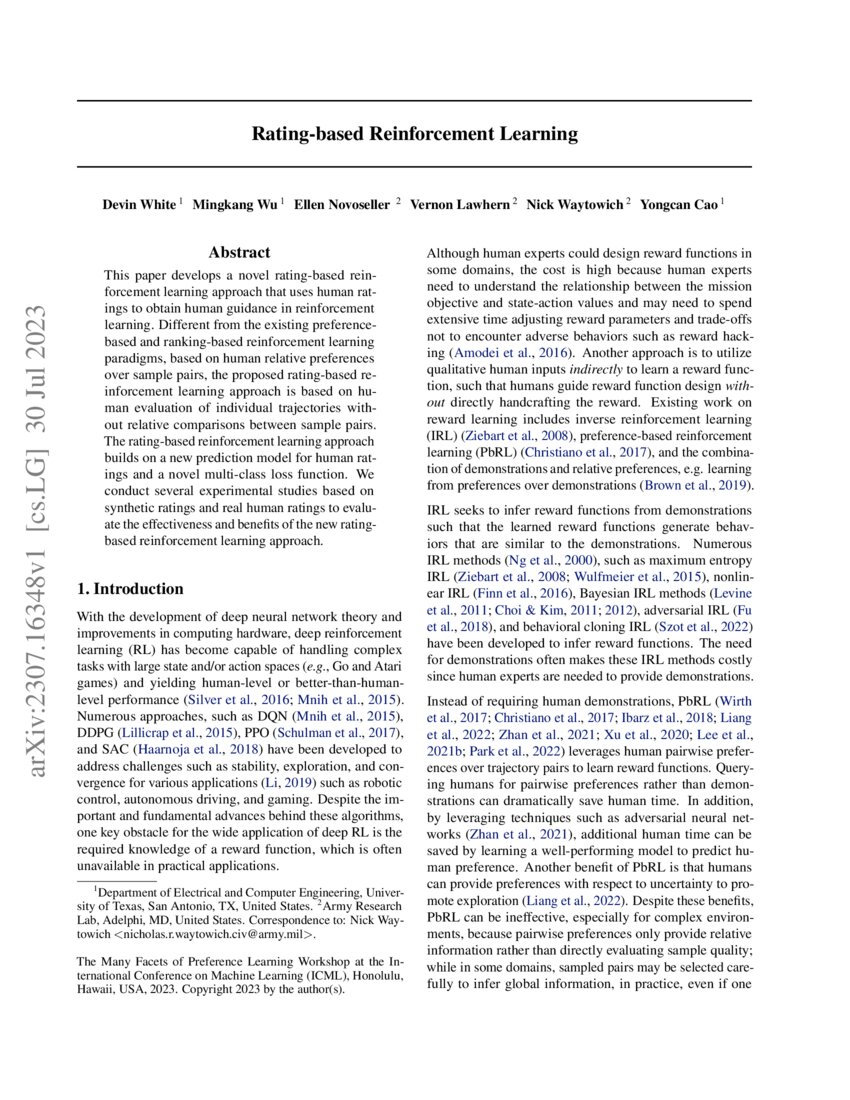 Rating-based Reinforcement Learning | DeepAI