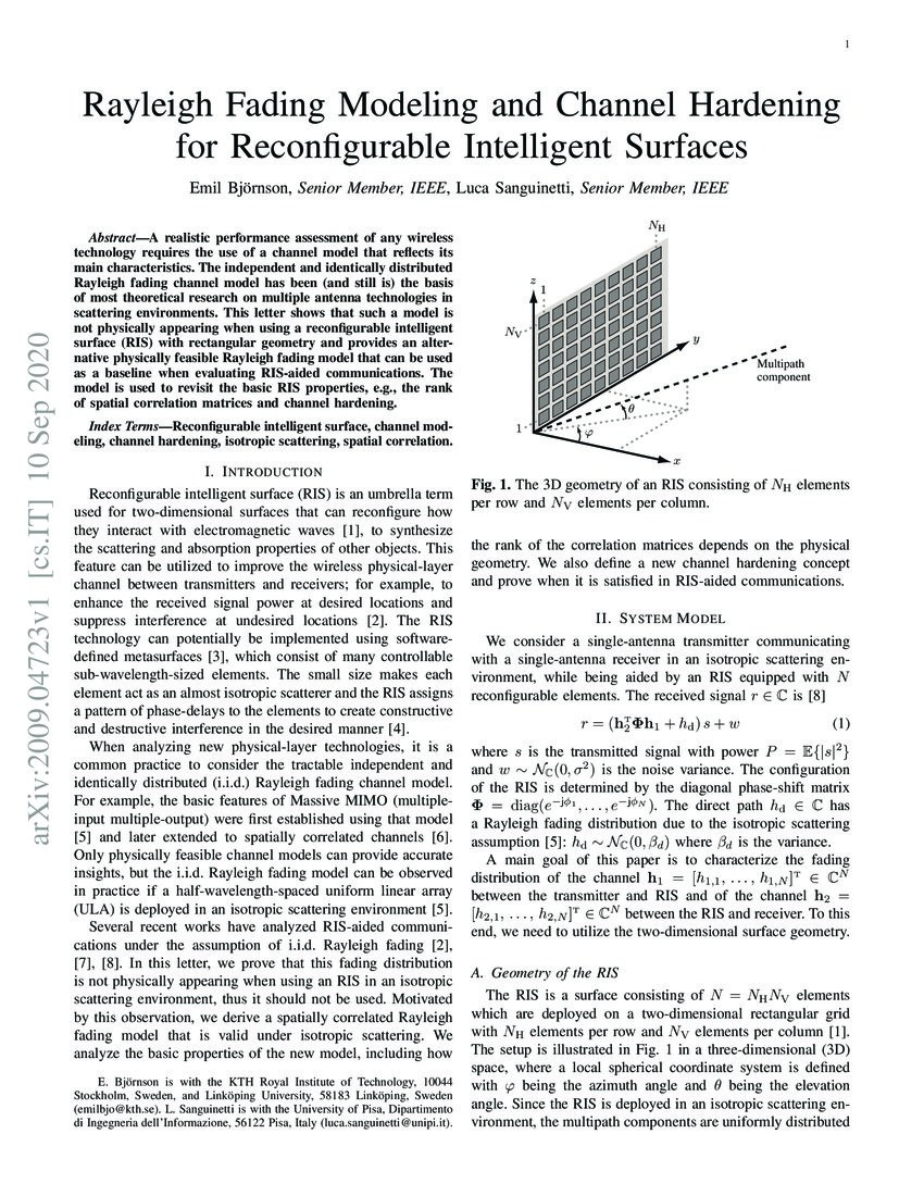 Rayleigh Fading Modeling and Channel Hardening for Reconfigurable ...