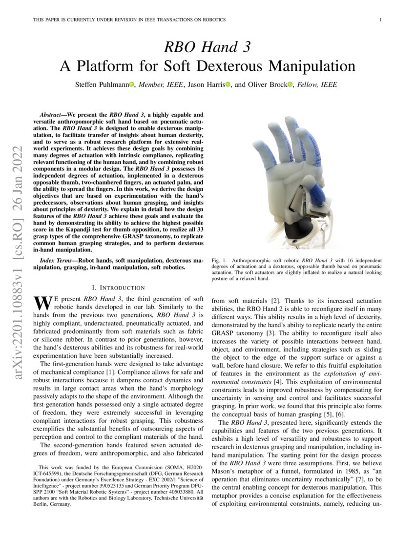 RBO Hand 3 – A Platform for Soft Dexterous Manipulation | DeepAI
