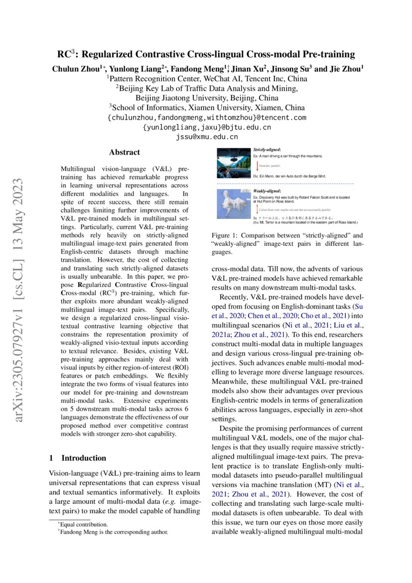 RC3: Regularized Contrastive Cross-lingual Cross-modal Pre-training ... RC3: Regularized Contrastive Cross-lingual Cross-modal Pre-training ...