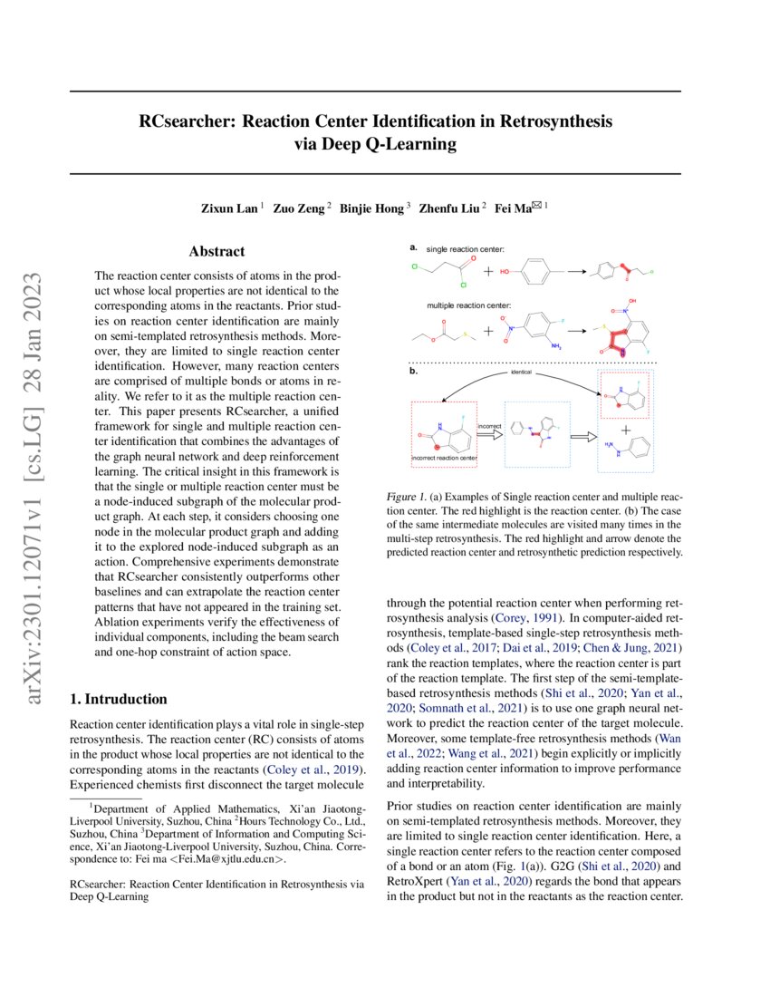 RCsearcher: Reaction Center Identification in Retrosynthesis via Deep Q-Learning | DeepAI