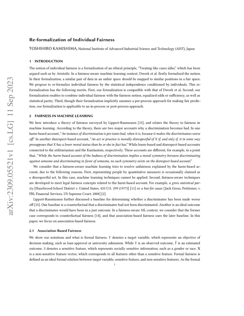 Re-formalization of Individual Fairness | DeepAI