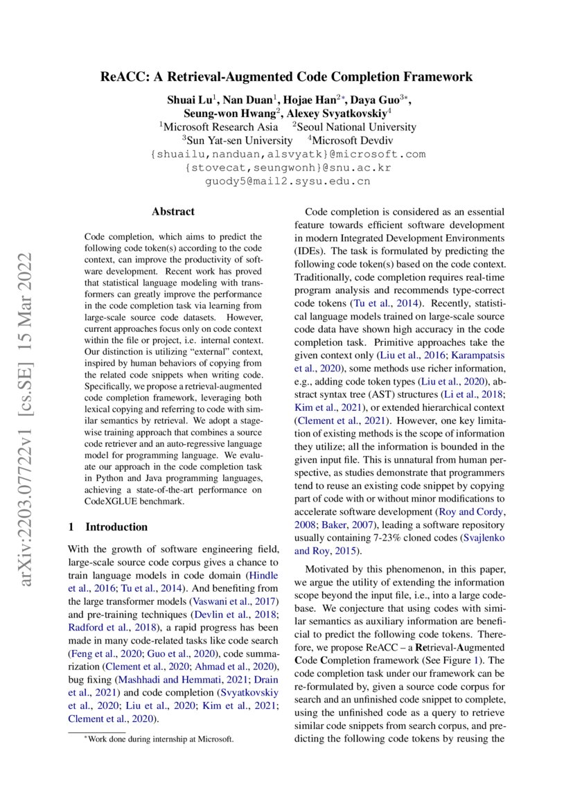 ReACC: A Retrieval-Augmented Code Completion Framework | DeepAI