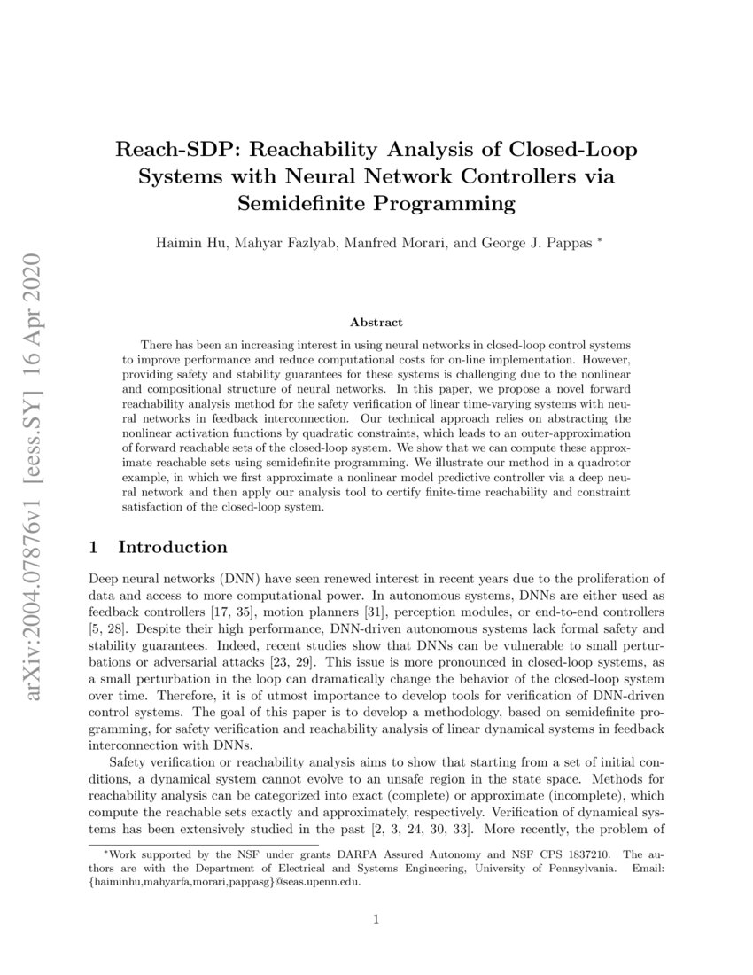 Reach Sdp Reachability Analysis Of Closed Loop Systems With Neural Network Controllers Via