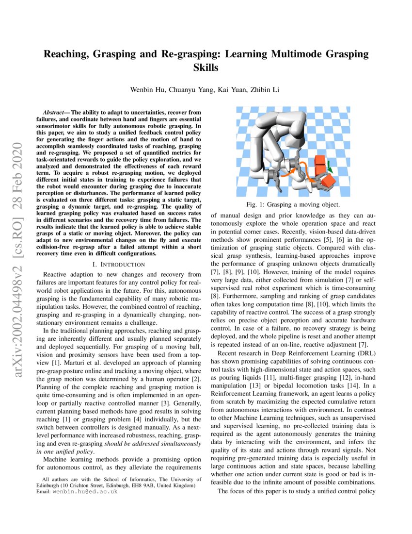 Reaching, Grasping and Re-grasping: Learning Multimode Grasping Skills ...