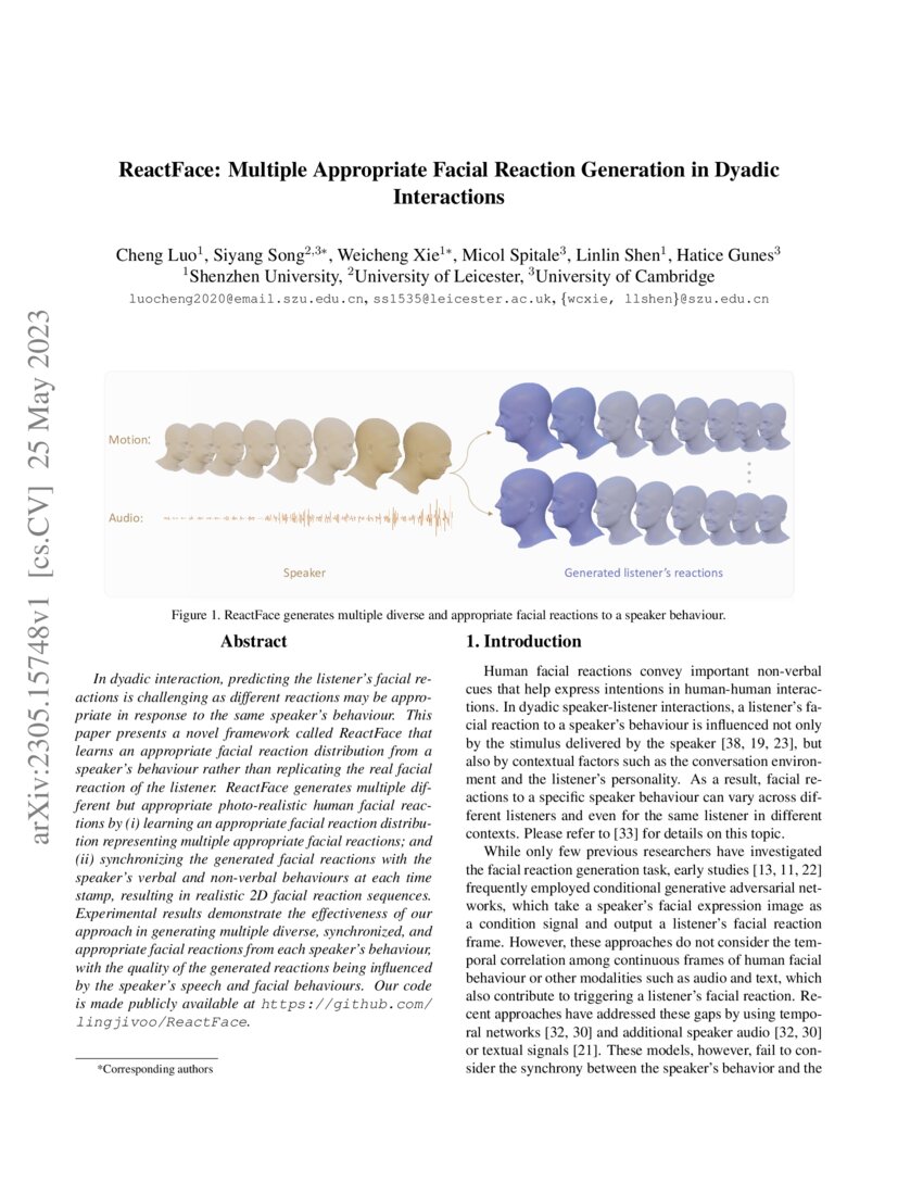 ReactFace: Multiple Appropriate Facial Reaction Generation in Dyadic ...