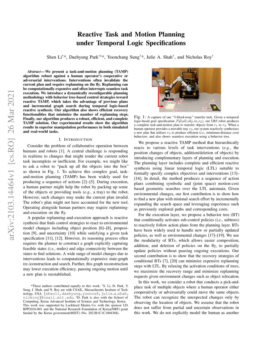 Reactive Task And Motion Planning Under Temporal Logic Specifications Deepai
