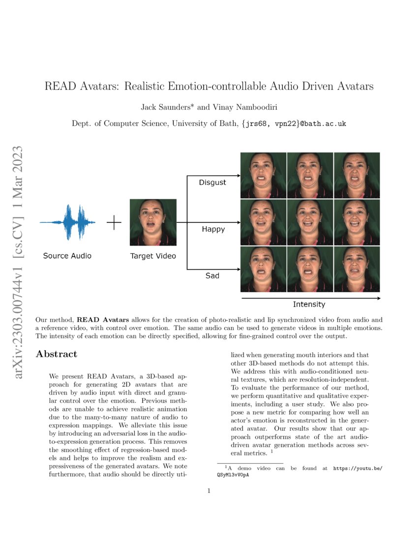 READ Avatars: Realistic Emotion-controllable Audio Driven Avatars | DeepAI