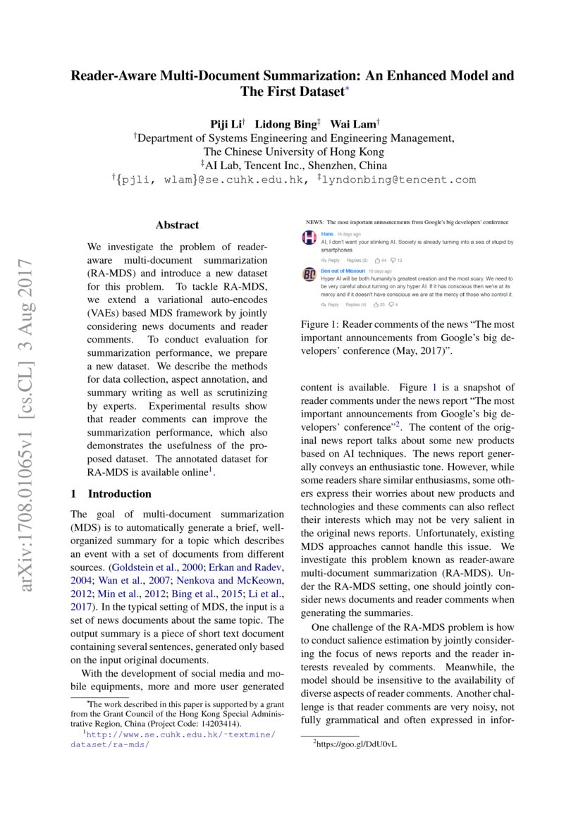 Reader Aware Multi Document Summarization An Enhanced Model And The First Dataset Deepai