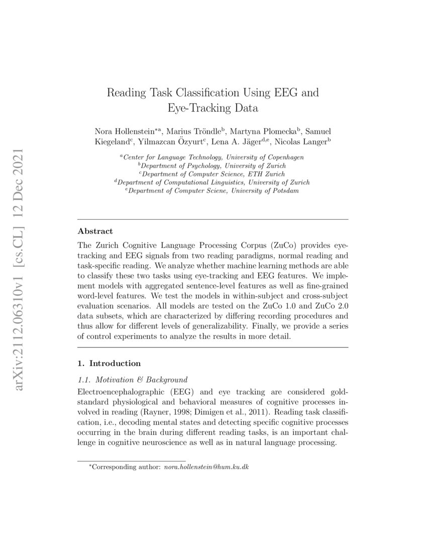 Reading Task Classification Using EEG and Eye-Tracking Data | DeepAI