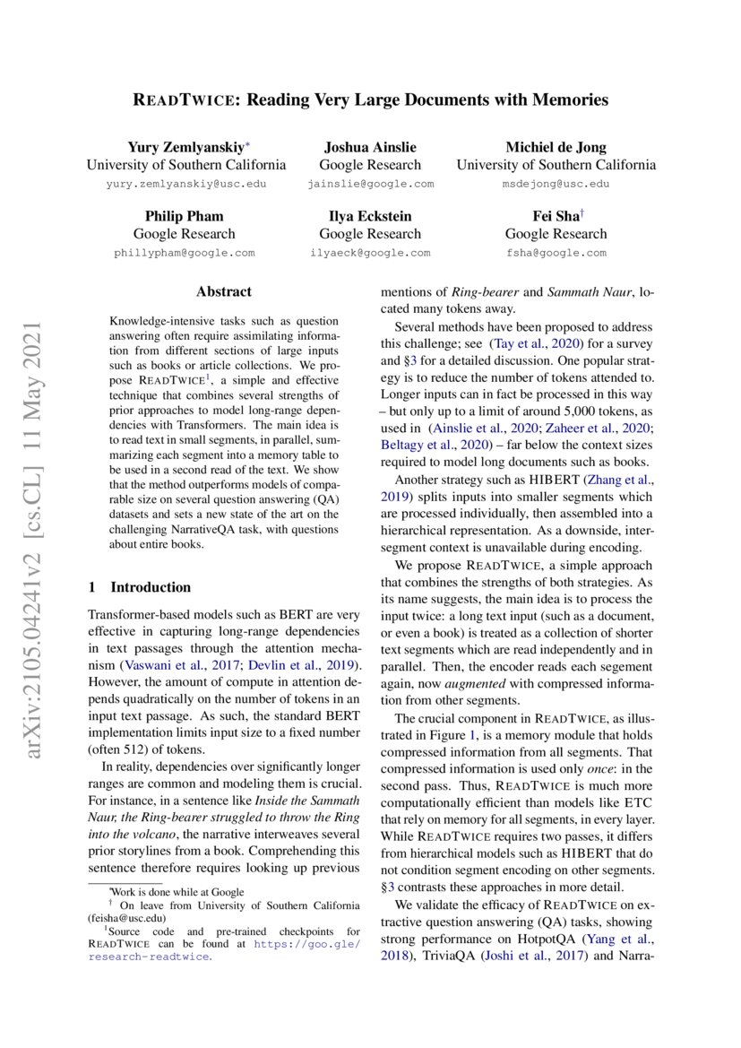 ReadTwice: Reading Very Large Documents with Memories | DeepAI