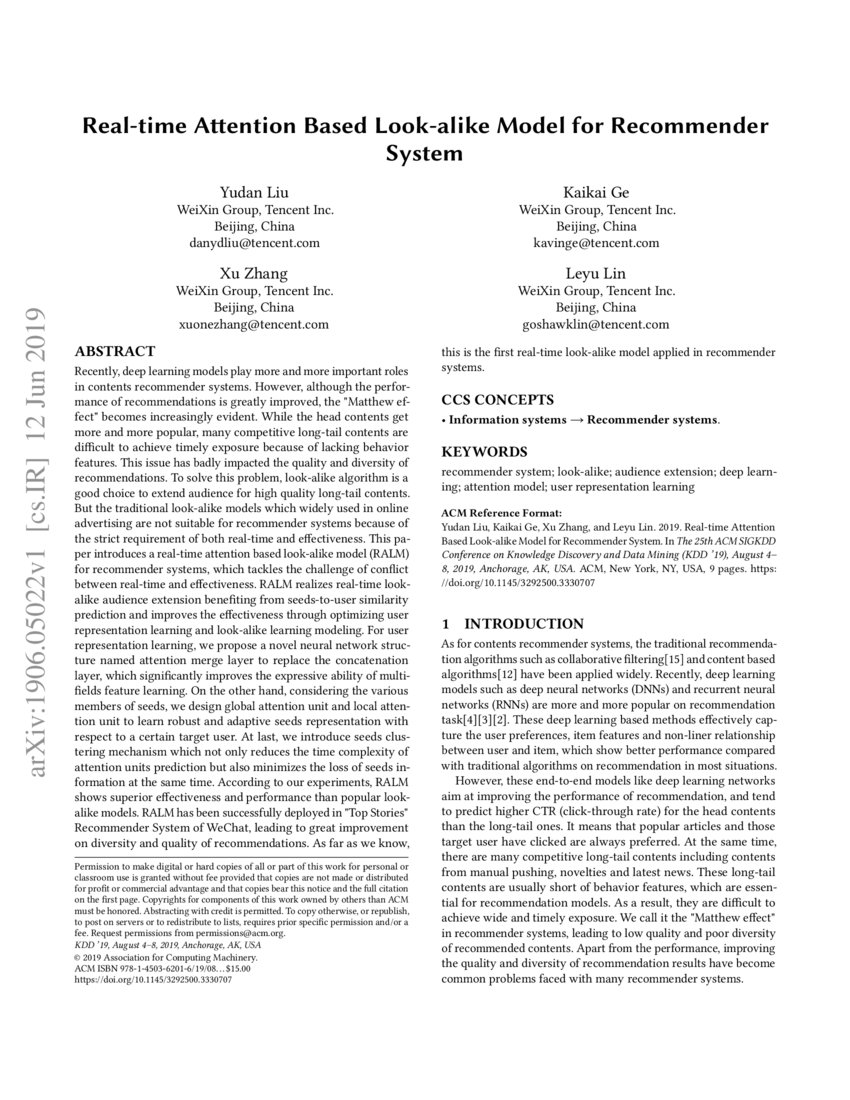 Real-time Attention Based Look-alike Model for Recommender System | DeepAI