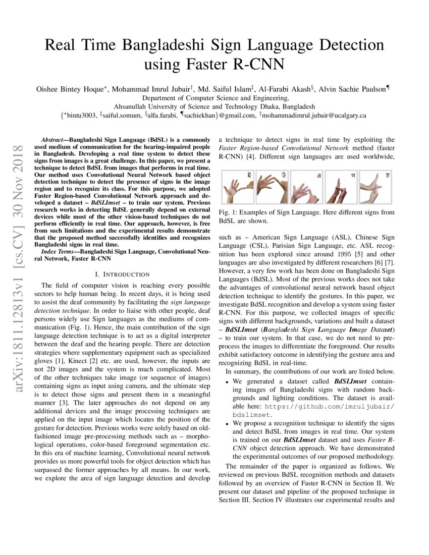 Real Time Bangladeshi Sign Language Detection using Faster R-CNN | DeepAI
