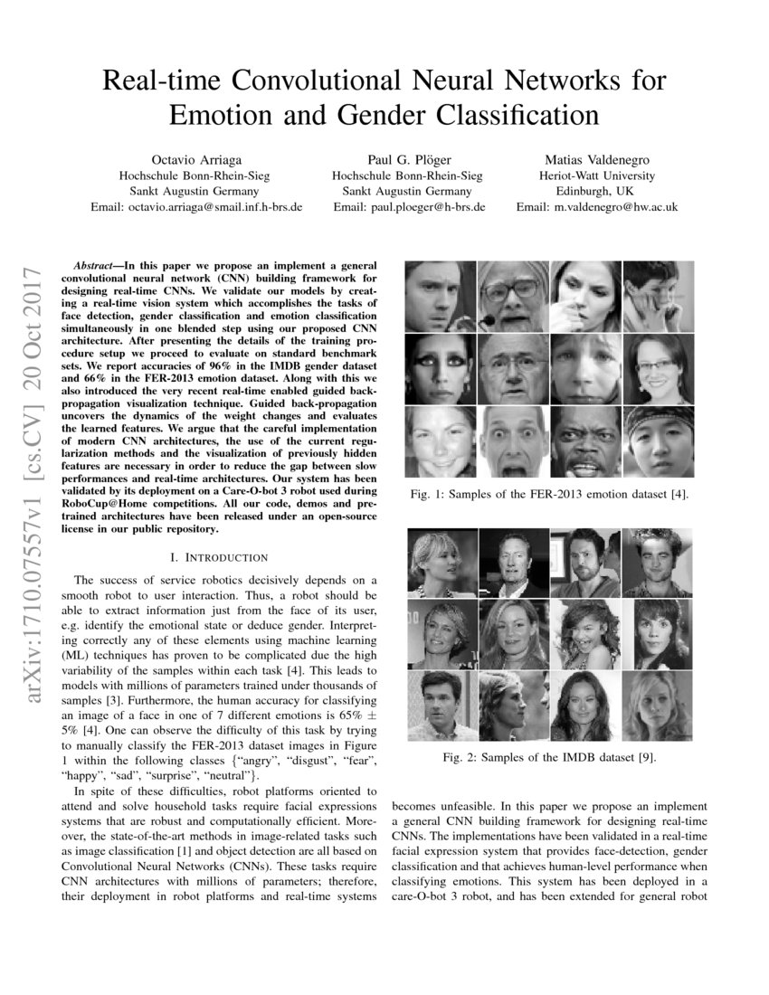 Real Time Convolutional Neural Networks For Emotion And Gender Classification Deepai
