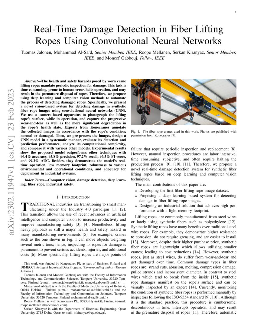 Real-Time Damage Detection in Fiber Lifting Ropes Using Convolutional Neural Networks | DeepAI