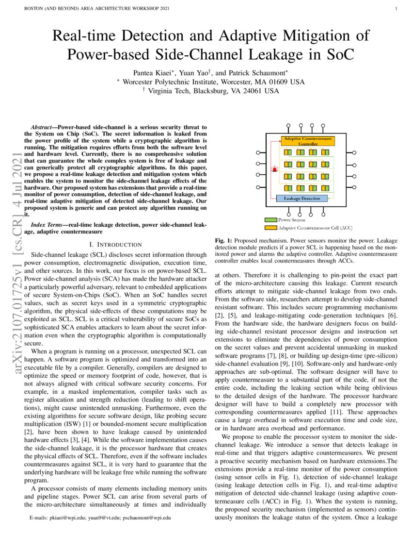 Real-time Detection and Adaptive Mitigation of Power-based Side-Channel Leakage in SoC | DeepAI