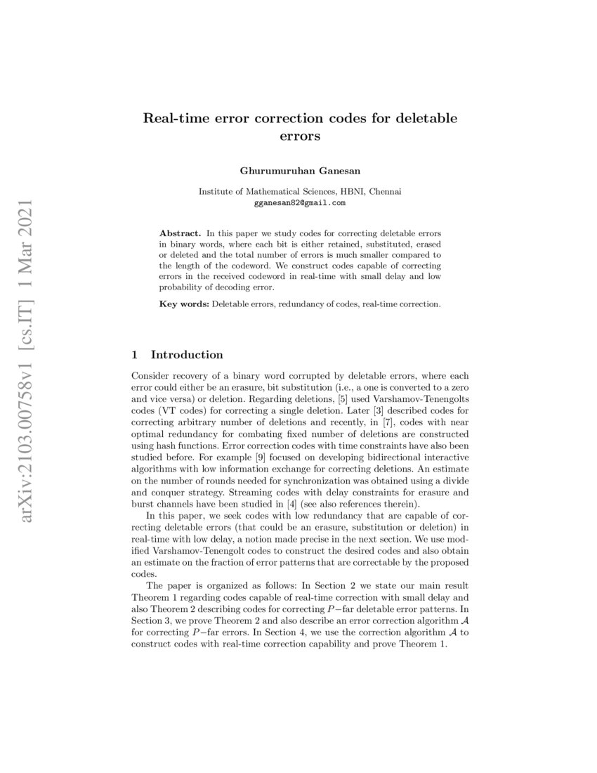 Real Time Error Correction Codes For Deletable Errors Deepai