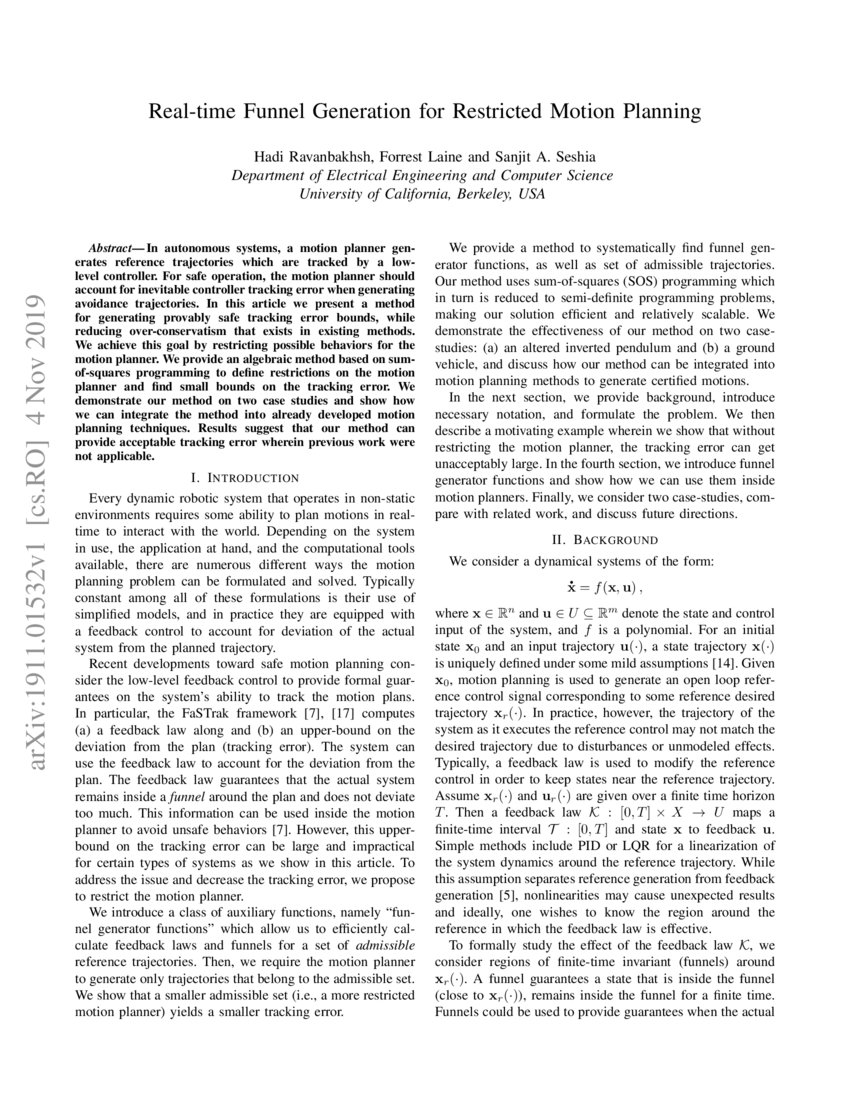 Real-time Funnel Generation for Restricted Motion Planning | DeepAI