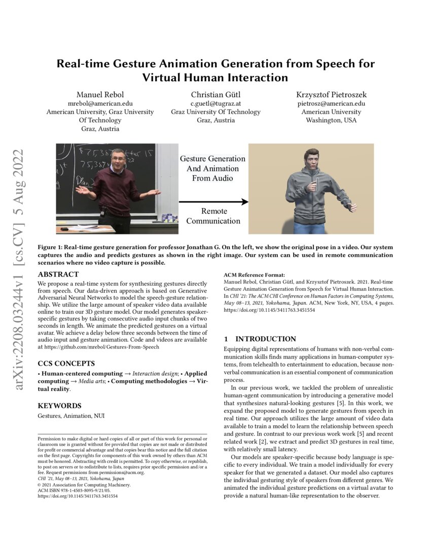 Real-time Gesture Animation Generation from Speech for Virtual Human Interaction | DeepAI