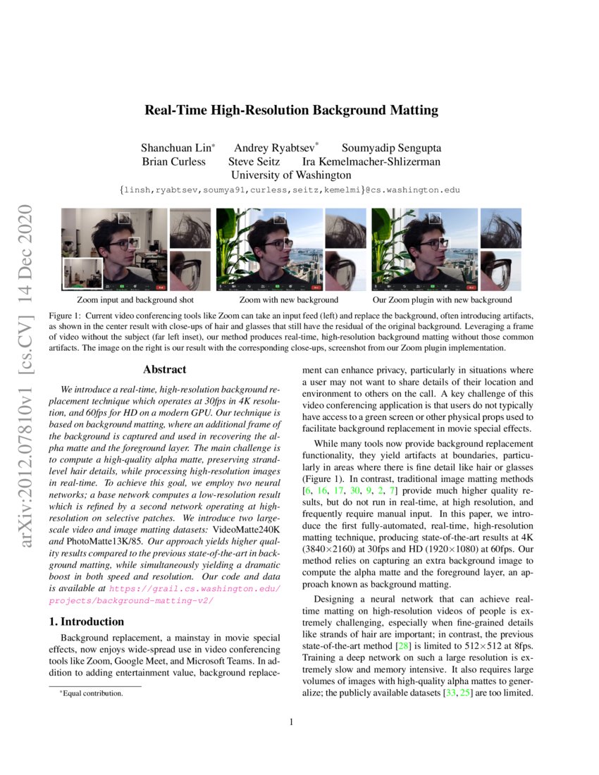 Real-Time High-Resolution Background Matting | DeepAI