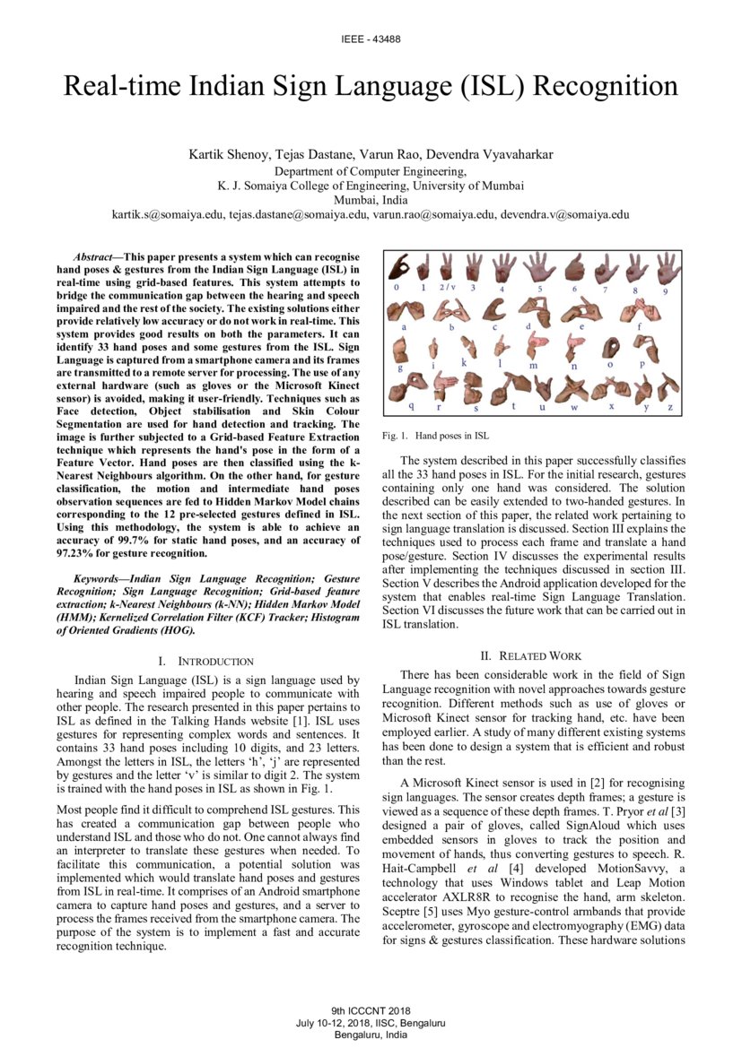 Real-time Indian Sign Language (ISL) Recognition | DeepAI