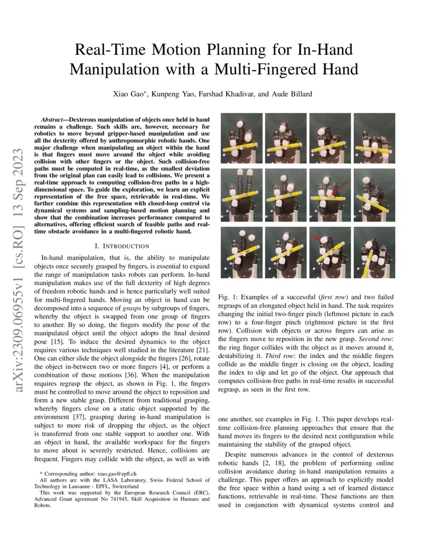 Real-Time Motion Planning for In-Hand Manipulation with a Multi-Fingered Hand | DeepAI