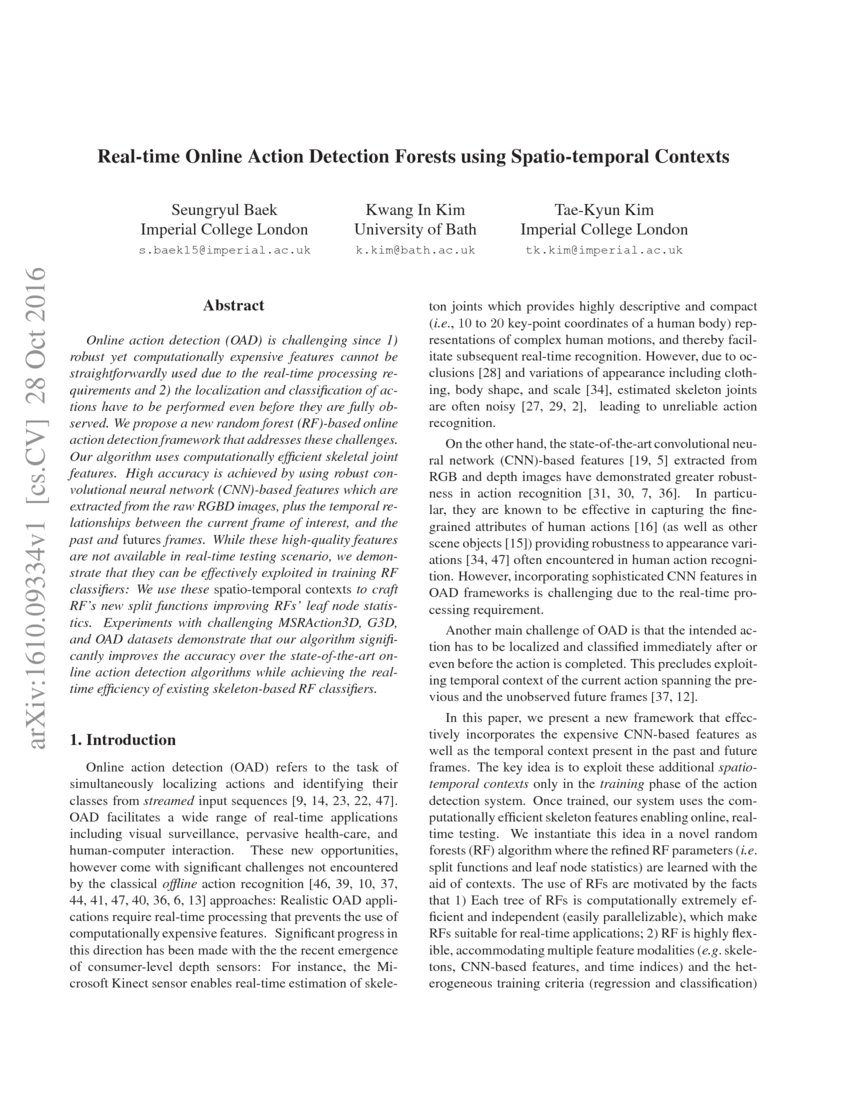 Real Time Online Action Detection Forests Using Spatio Temporal