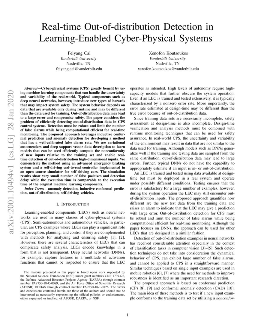 Real Time Out Of Distribution Detection In Learning Enabled Cyber Physical Systems Deepai