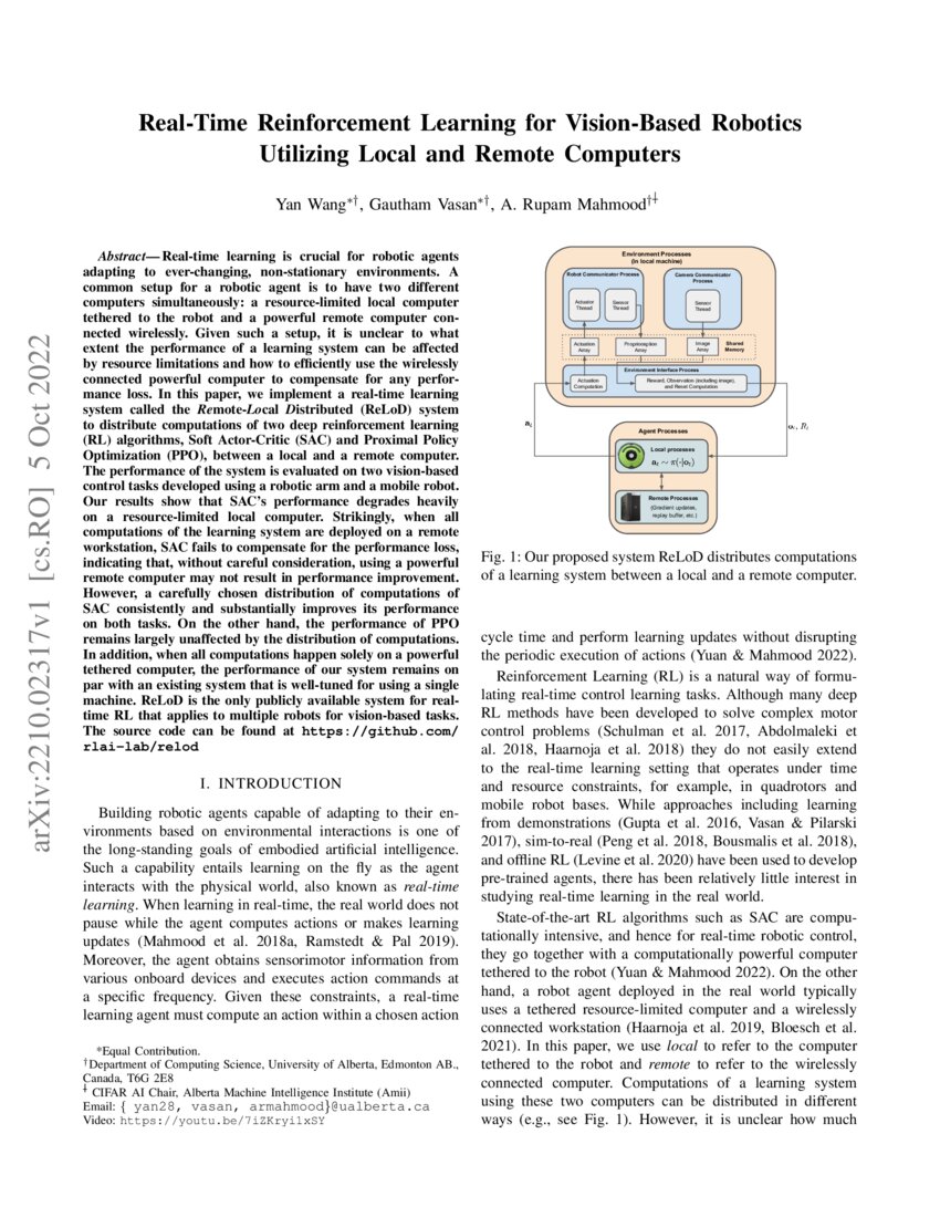 Real Time Reinforcement Learning For Vision Based Robotics Utilizing Local And Remote Computers