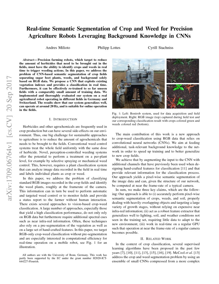 Real Time Semantic Segmentation Of Crop And Weed For Precision Agriculture Robots Leveraging