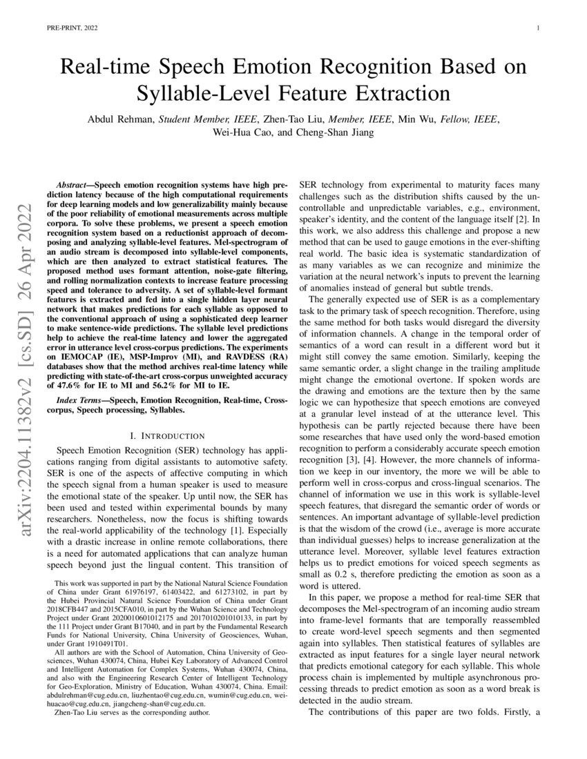 Real-time Speech Emotion Recognition Based on Syllable-Level Feature ... Real-time Speech Emotion Recognition Based on Syllable-Level Feature ...