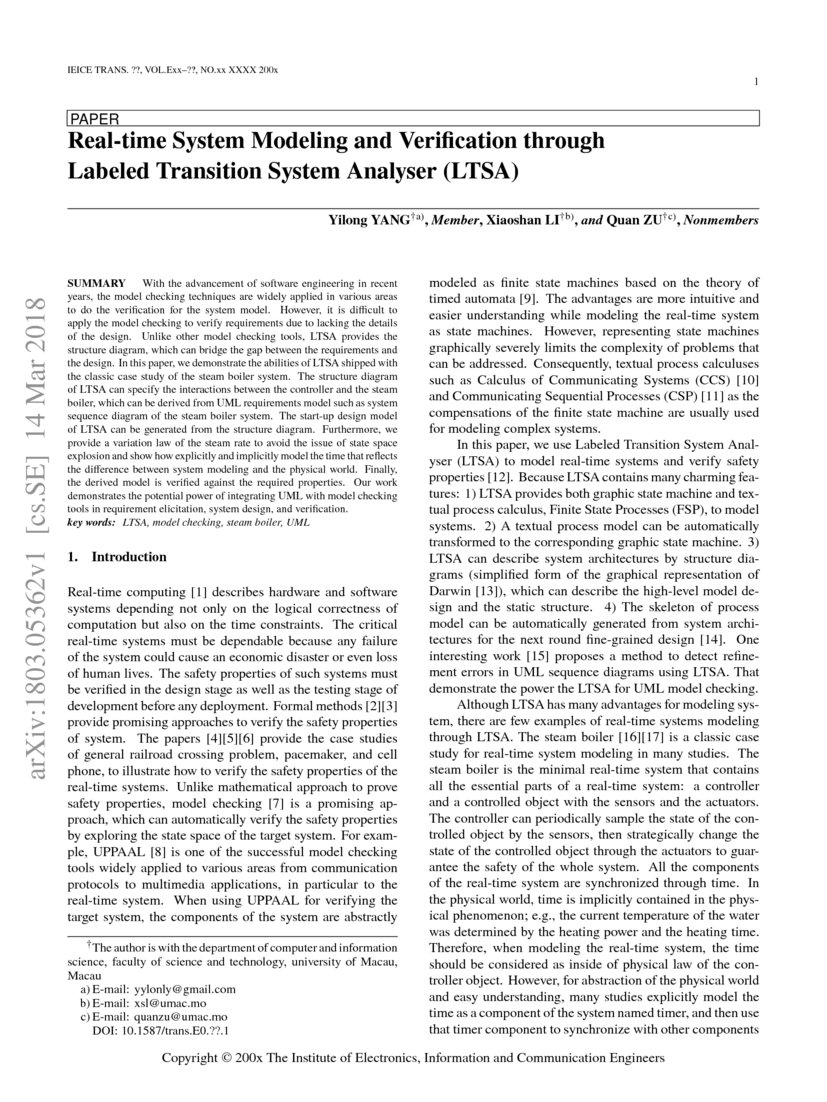 Real-time System Modeling and Verification through Labeled Transition System Analyser (LTSA ...