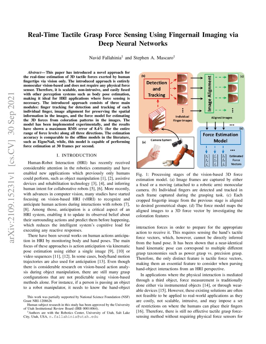 Real Time Tactile Grasp Force Sensing Using Fingernail Imaging Via Deep