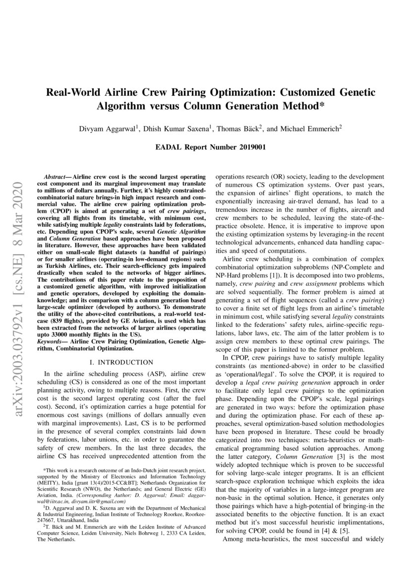 Real World Airline Crew Pairing Optimization Customized Genetic Algorithm Versus Column 0677