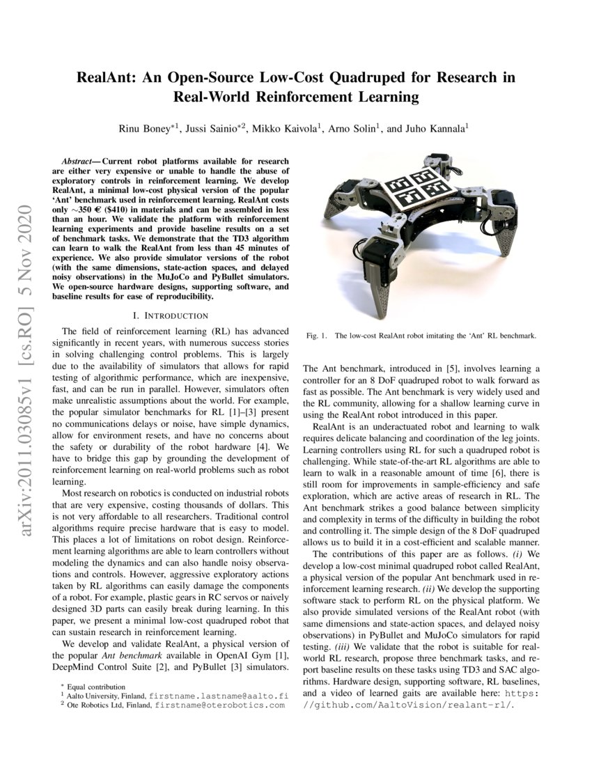 RealAnt: An Open-Source Low-Cost Quadruped for Research in Real-World Reinforcement Learning ...