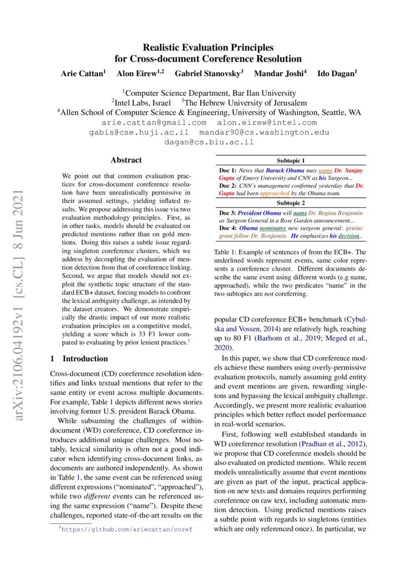 Realistic Evaluation Principles For Cross Document Coreference