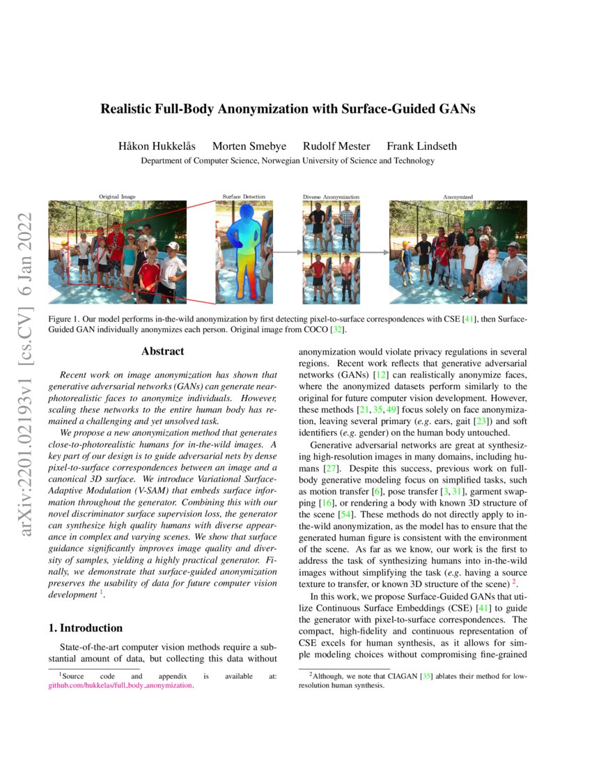 Realistic Full-Body Anonymization with Surface-Guided GANs | DeepAI