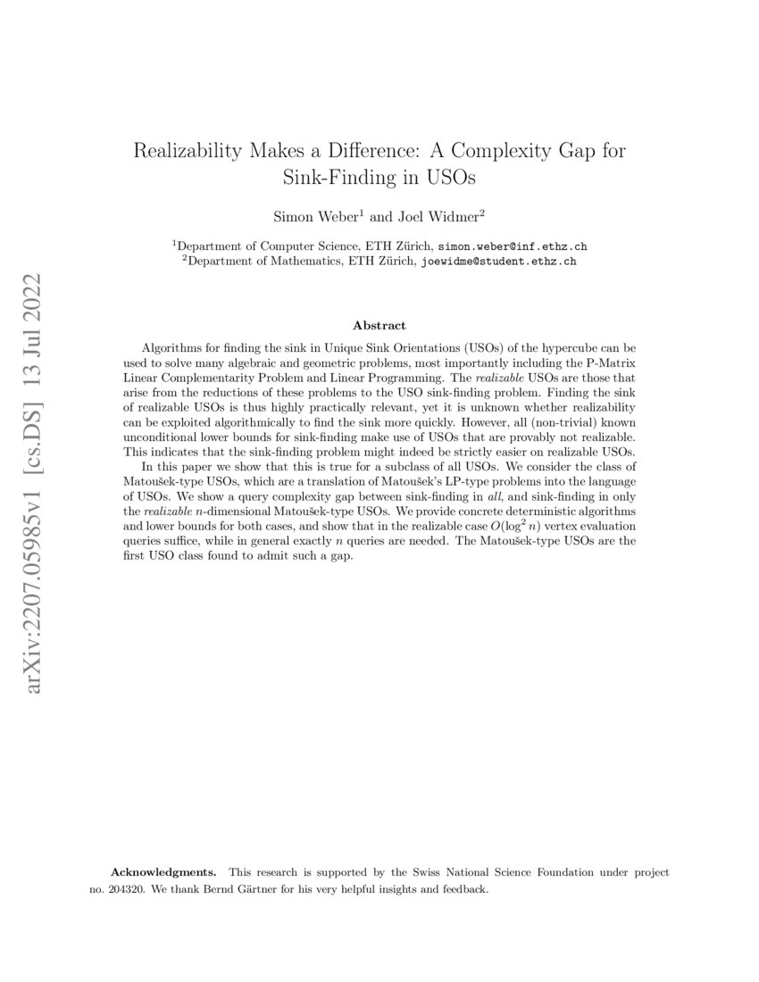 Realizability Makes a Difference: A Complexity Gap for Sink-Finding in USOs | DeepAI