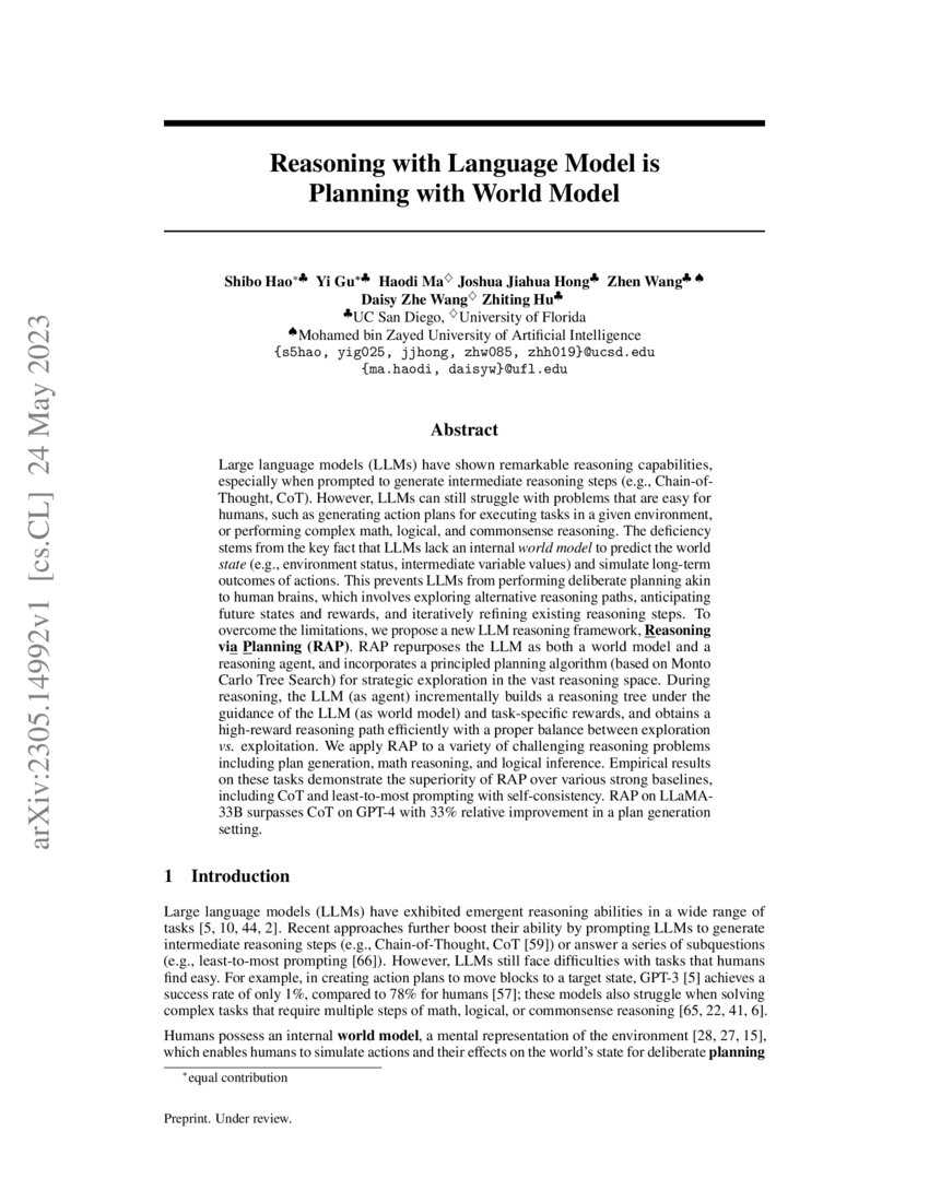 Reasoning with Language Model is Planning with World Model | DeepAI