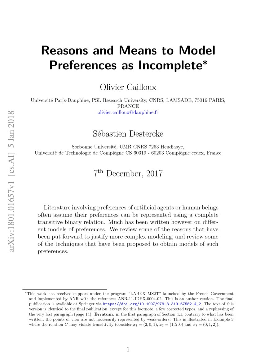 Reasons and Means to Model Preferences as Incomplete | DeepAI